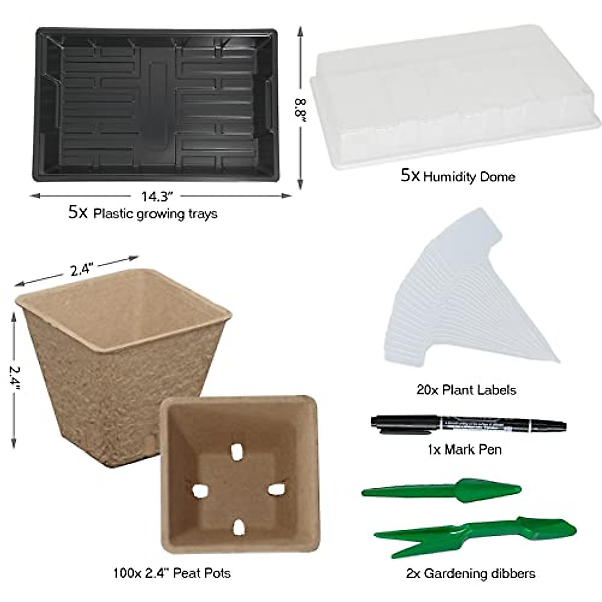 Seed Starter Kit with 100 Peat Pots for Seedlings Seed Starter Tray, Including 100 Square Biodegradable Seed Starter Pods, 5 Plastic Growing Trays & 20 Plant Labels