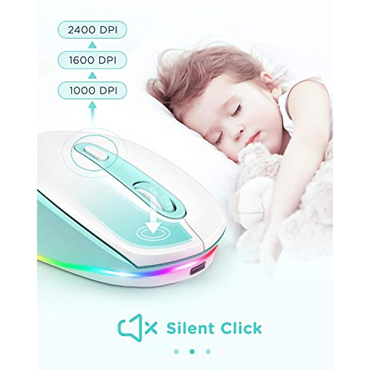 seenda Bluetooth Mouse - Light Up Rechargeable Wireless Mouse (Bluetooth 3.0/5.0+USB) for Computer. Ultra Quiet Multi-Device Mouse for Notebook, Kids' Chromebook, Macs, and Windows - Mint Green