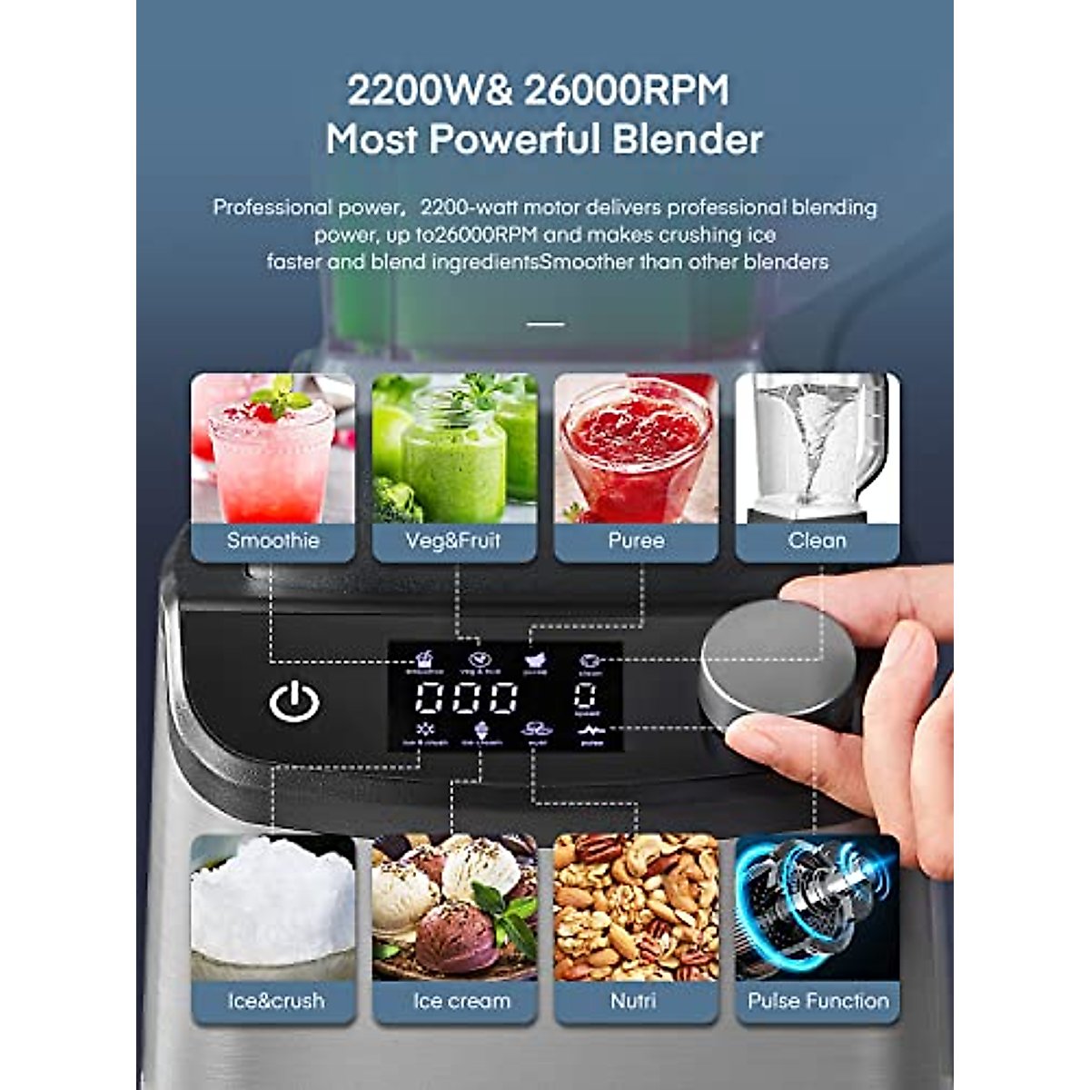 Professional Countertop Blenders for Kitchen, Housnat 2200W Max High Power Commercial Blender with LED Display, 8 Preset Programs, 8 Adjustable Speed, Blender for Shakes and Smoothies, Frozen Fruit, Crushing Ice, Veggies