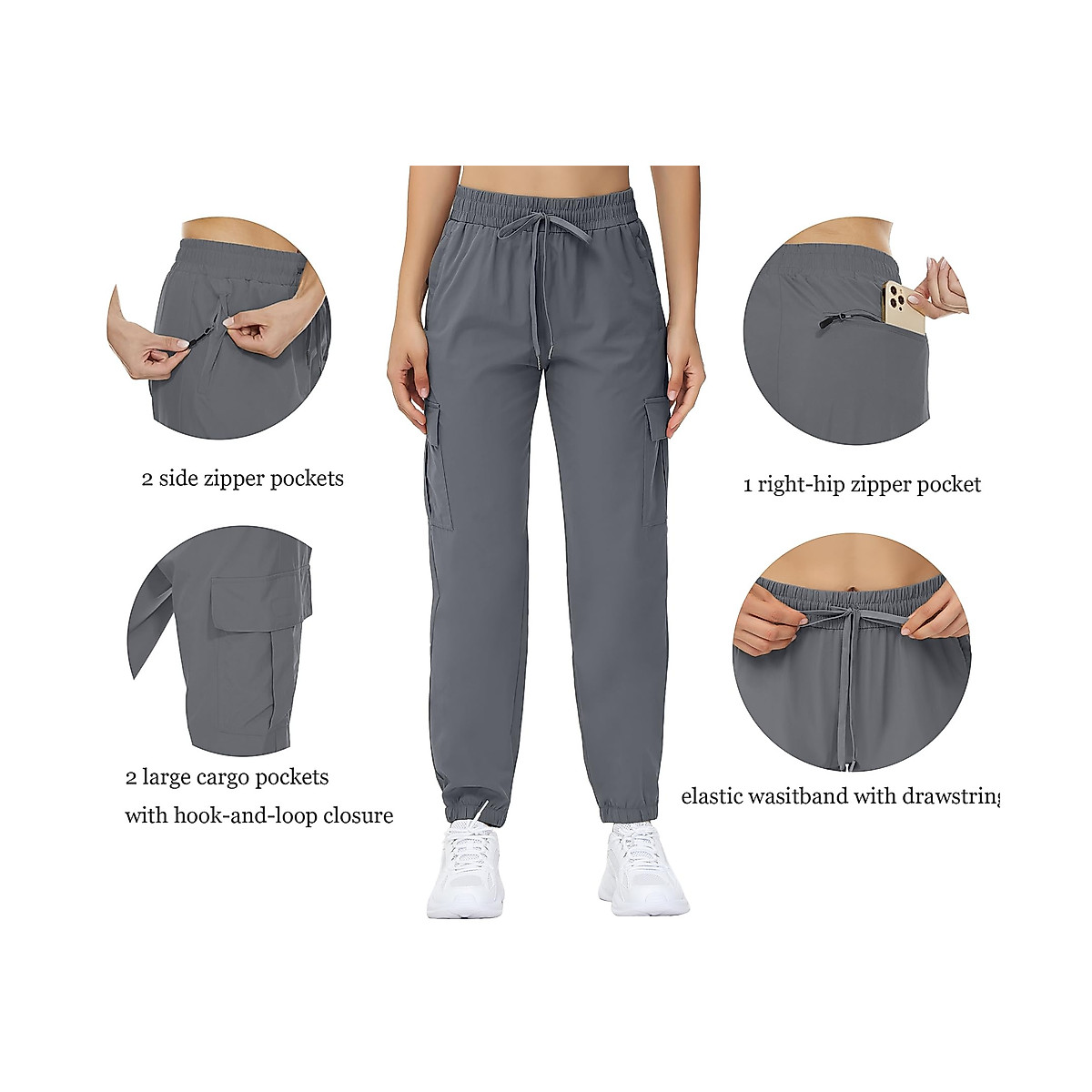 MOUEEY Women's Cargo Joggers Lightweight Quick Dry Athletic Water Resistant Lounge Casual Pants with Zipper Pockets Grey 3XL