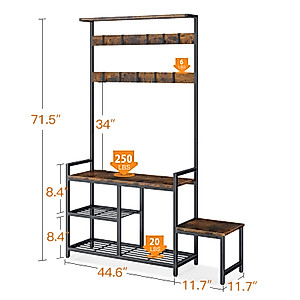 ODK Parent-Child Hall Tree with Bench and Shoe Storage, Entryway Rack with Metal Frame and Hooks, for Entrance, Foyer, Mudroom (Rustic Brown)