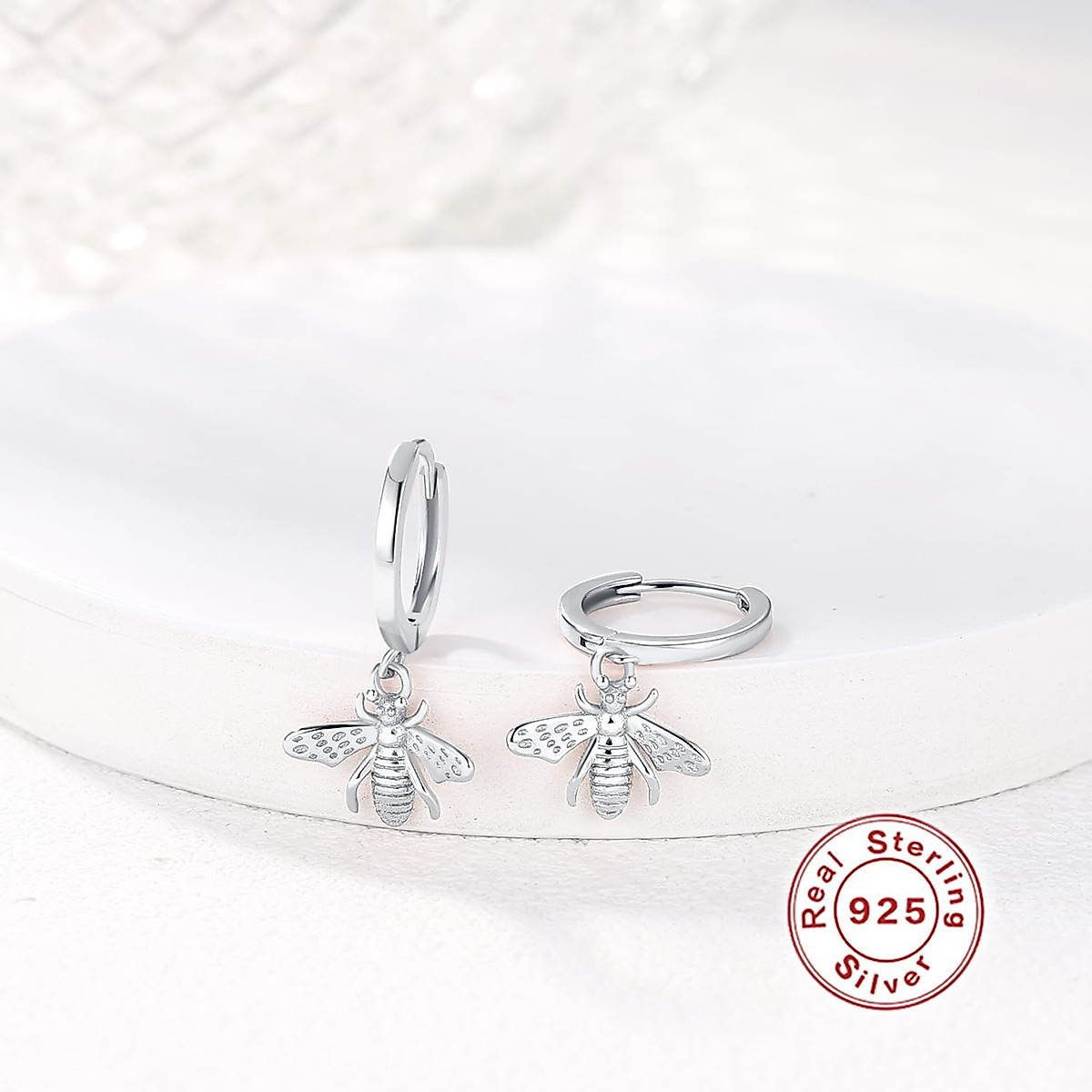 Bee Hoop Earrings Dangle for Women - Small Drop Huggie Hoop Earrings with Bee Charm in Sterling Silver for Her