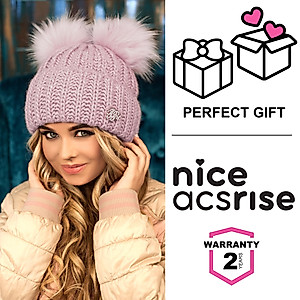 Braxton Beanie Women - 2 Pom Cable Knit Winter Warm Fleece Hat - Wool Snow Cuff Pink Ski Cap