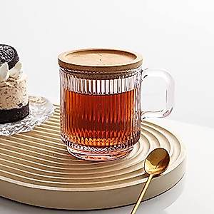 Lysenn Pink Glass Coffee Mug with Lid - Premium Classical Vertical Stripes Glass Tea Cup - for |Latte|Tea|Chocolate|Juice|Water| - Unleaded - Bamboo Lid - 12.5 Ounces