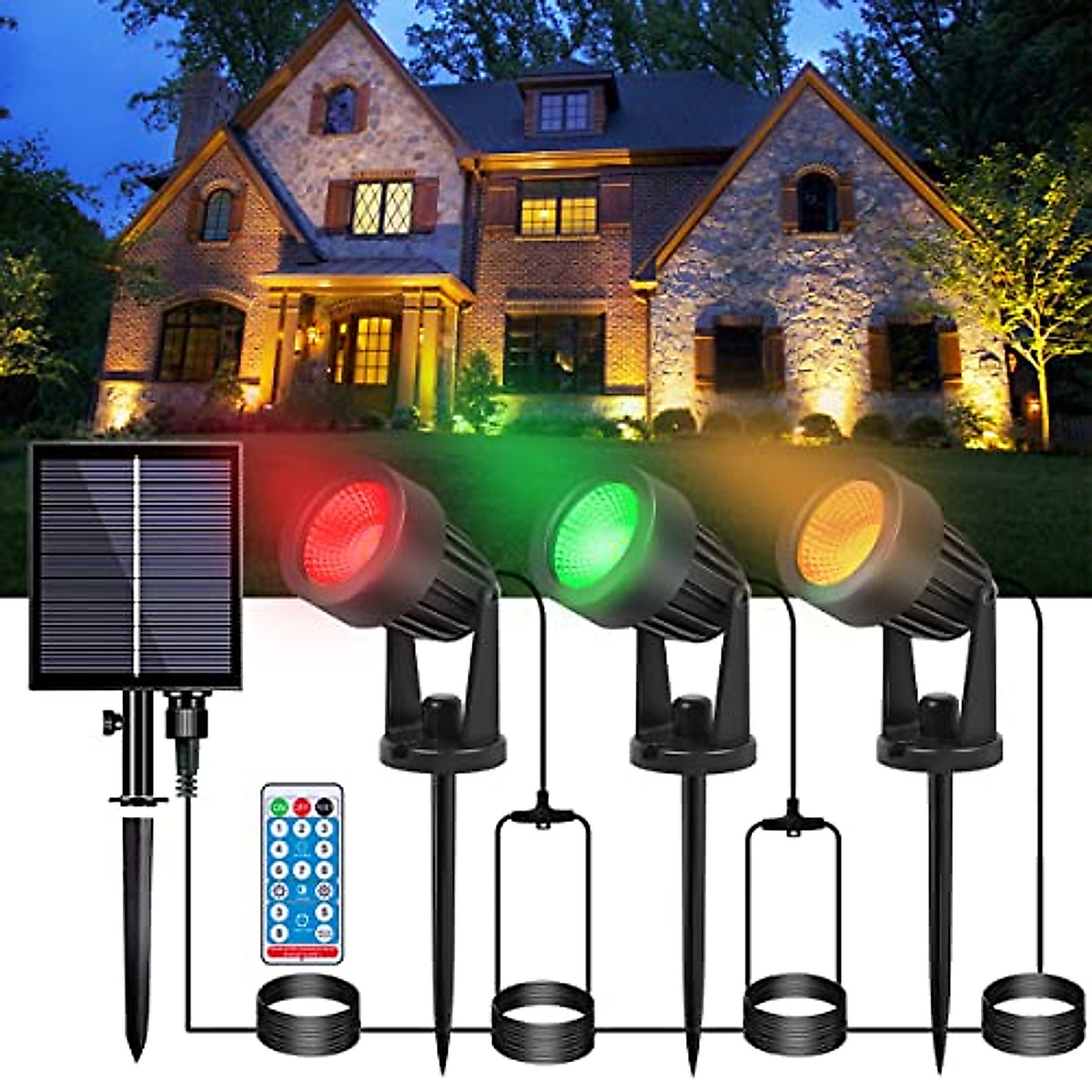 Solar Spot Lighs Outdoor Waterproof LED Solar Landscape Lights Warm White Color Changing Pathway Light Solar Powered Garden RGB Spotlights for Yard Fence Lawn Tree Lights(3Packs)