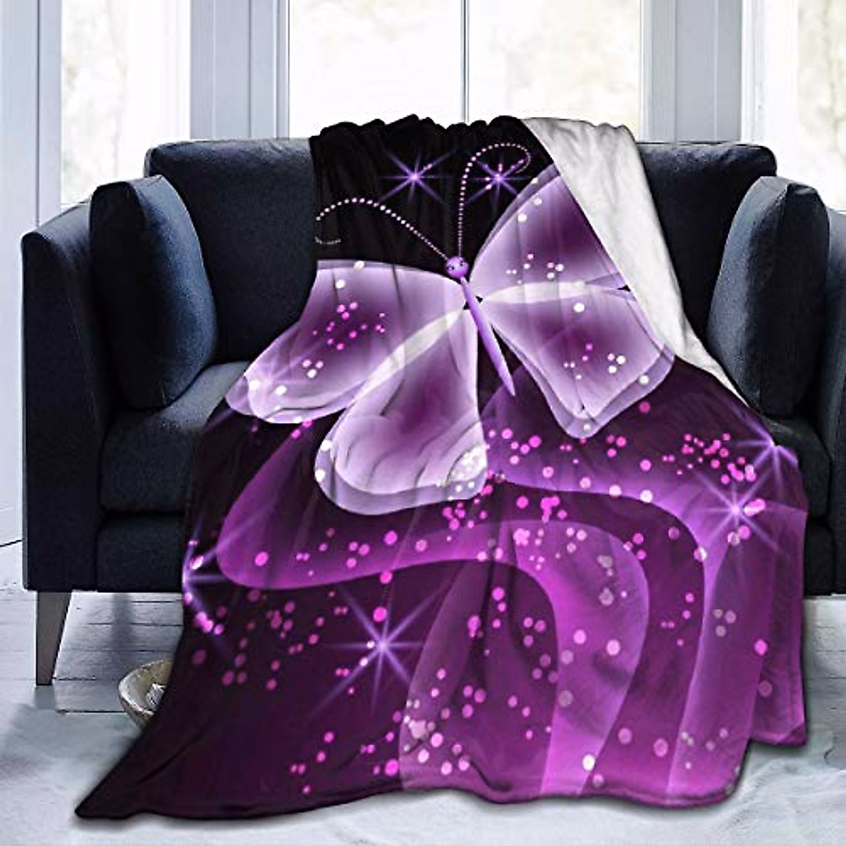 Cute Purple Butterfly Printed Blanket Throw Lightweight Super Soft Micro Fleece Throw Blankets Gift Fit Couch Bed Living Room Sofa Chair 80"X60"