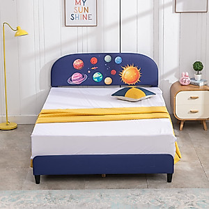 BALUS Twin Bed Frames for Kids, Bed Frame for Boys with PVC Tufted Headboard& Wood Upholstered Slat Support, No Spring Box Needed, Boys Space Adventures Bed Platform for Kids (Space Planet)