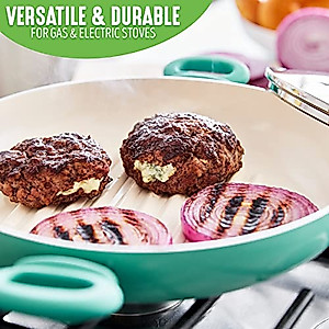 GreenLife Soft Grip Healthy Ceramic Nonstick, 11" Grill Pan with 2 Handles and Lid, PFAS-Free, Dishwasher Safe, Turquoise