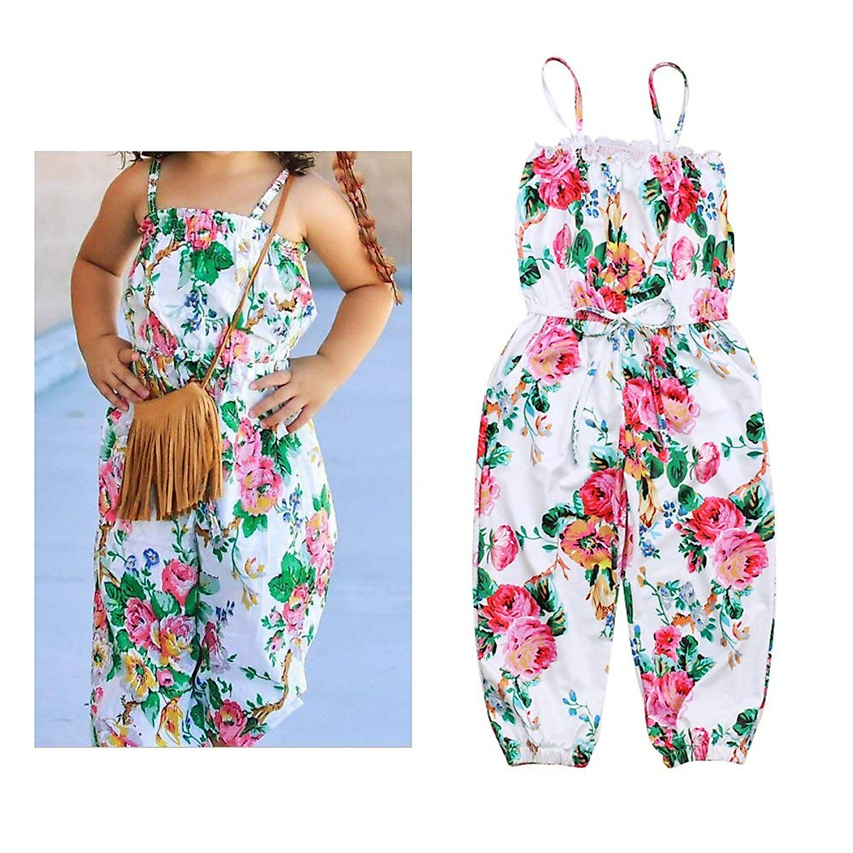 Noubeau Toddler Girls Kids Jumpsuit Girl One Piece Sleeveless Floral Playsuit Strap Romper Summer Outfits Clothes