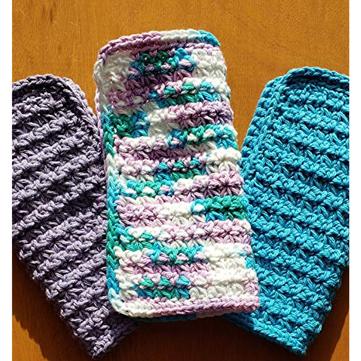 Handmade crochet washcloths, dishcloths,100% cotton set of 3 (Hot blue, purple and beach ball blue colors) * thick and dense*