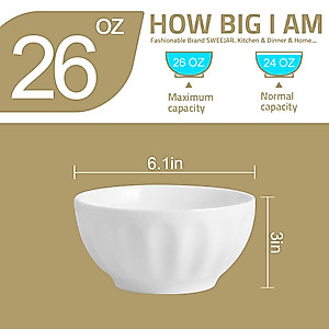 Sweejar Ceramic Fluted Bowl Set, 26 oz for Cereal, Salad, Pasta, Soup, Dishwasher Microwave Safe - set of 6(Multicolour)