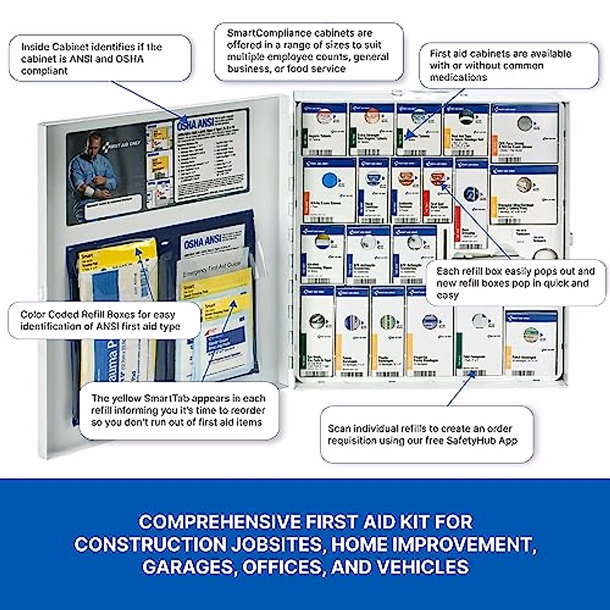First Aid Only 50-Person SmartCompliance First Aid Kit for Businesses, ANSI A+ Compliant Metal First Aid Cabinet with Medications, 241 Pieces