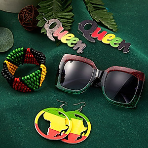 Zhanmai 4 Pieces Juneteenth African Women's Jewelry Set Jamaica accessories African Map Dangle Earrings Queen Wooden Earrings Oversized Square Sunglasses Rasta Beaded Bracelet for Black Women