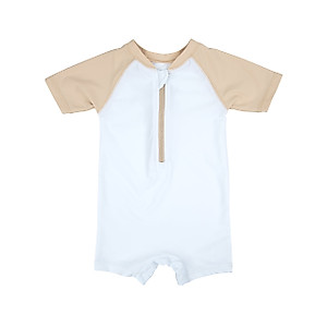 Leveret Kids Baby Boys Girls One Piece Rashguard UPF 50+ Solid Beige/White Size 12-18 Months