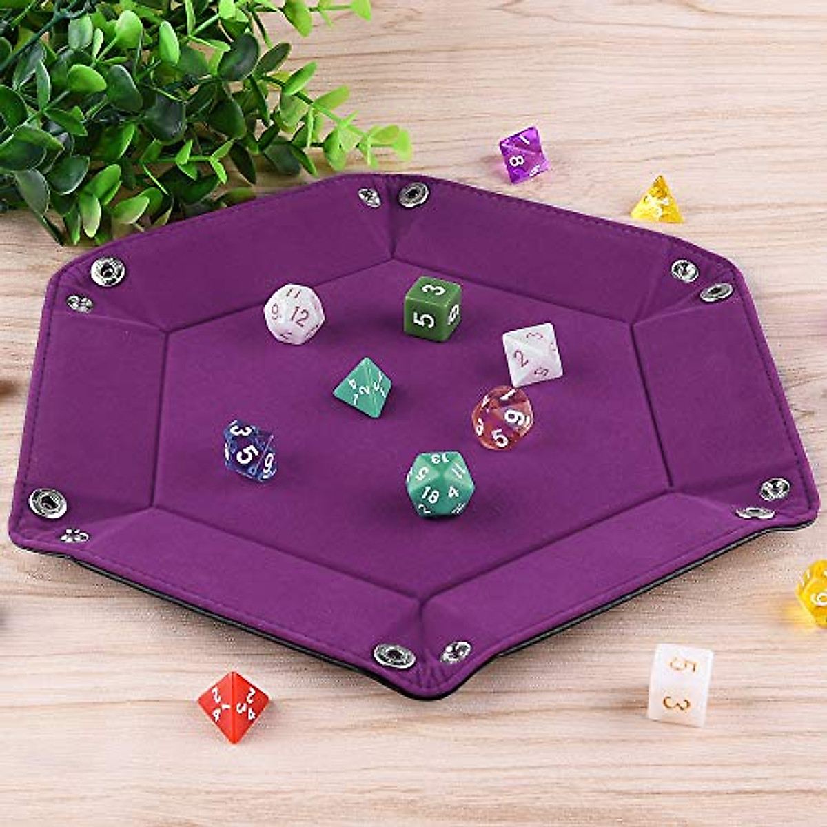SIQUK Double Sided Dice Tray, Folding Hexagon PU Leather and Velvet Dice Holder for Dungeons and Dragons RPG Dice Gaming D&D and Other Table Games, Dark Violet