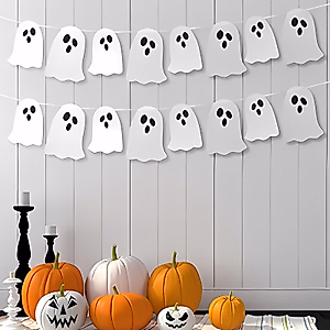 Wantee Halloween Decor Outdoor Cute White Hanging Ghosts Halloween Banner Cardstock Ghost Garland for Mantel Party White 2 Pack