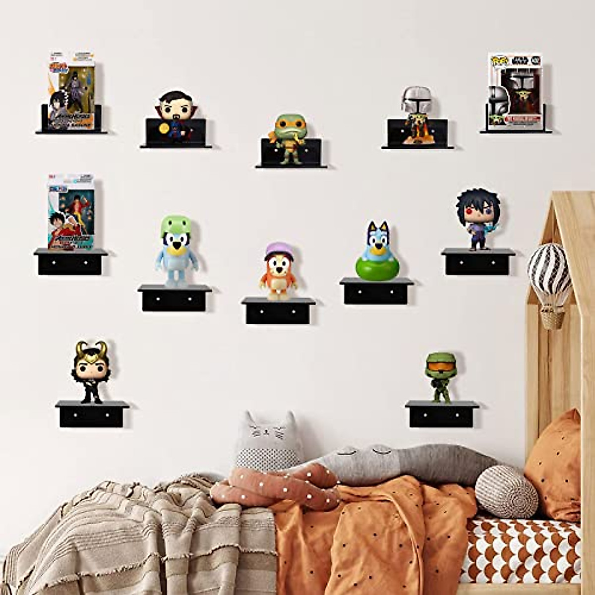 10 Pack Acrylic Floating Shelves for Wall, Wall Mounted Small Hanging Display Shelves for Plants, Funko Pop Figures, Adhesive Shelf for Bedroom, Picture Toy Clear Display Shelves(Black)