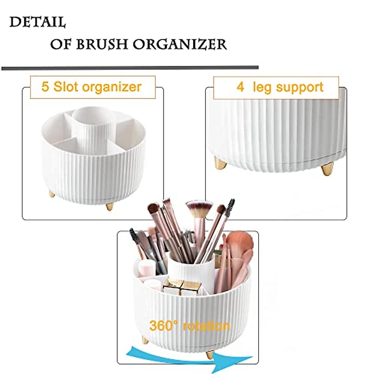 Large Capacity Rotating Makeup Organizer 360 Degree Brush Organizer with 5 Slots Makeup Brush Holder for Vanity Decor Bathroom Countertops Cosmetic Display Cases (White)
