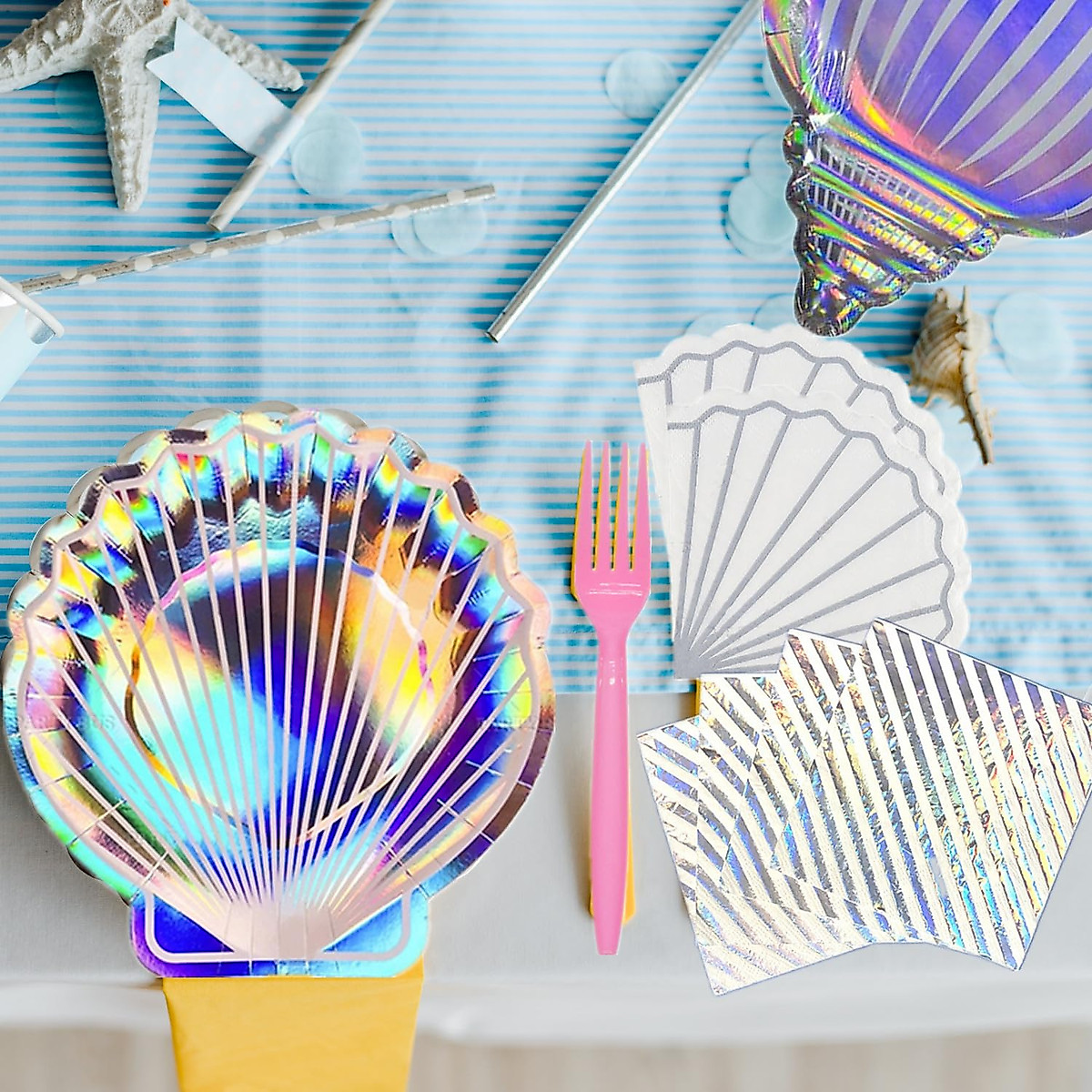 104 Pieces Mermaid Party Tableware Supplies Kit,32 Mermaid Clam Shell Plates,40 Holographic Napkins,32 Pink Forks,Disposable Mermaid Paper Plates Napkins Forks for Birthday Wedding Party (104)