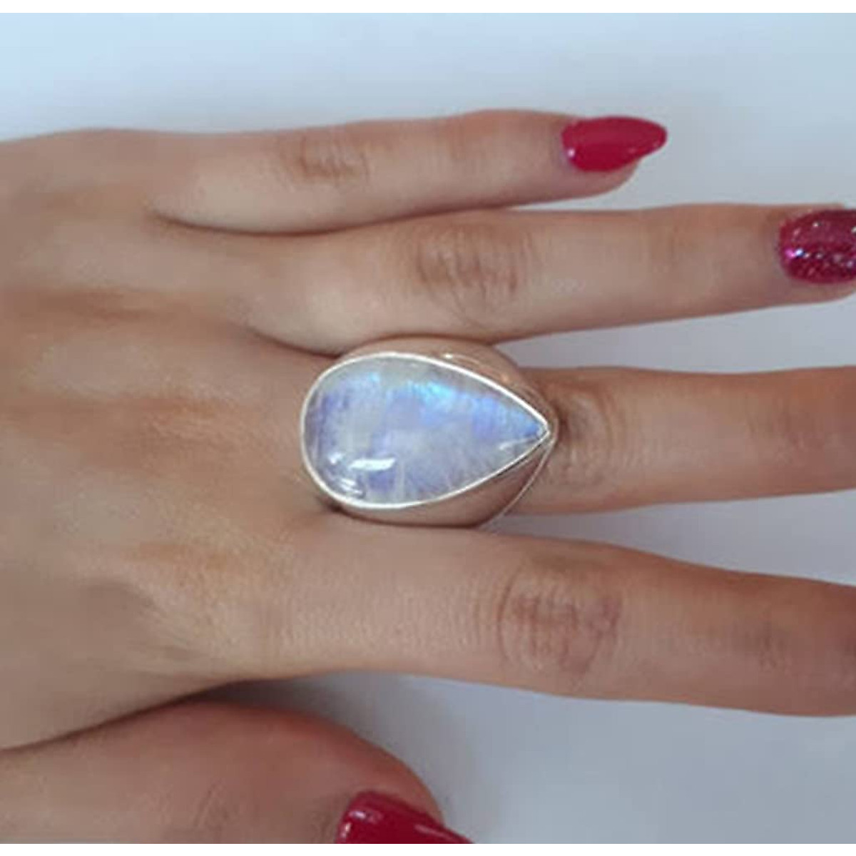 Koguxuix 925 Sterling Silver Perfect Pear Cut Moonstone Teardrop Gemstone Wedding Ring Band Size 6-10 (8)