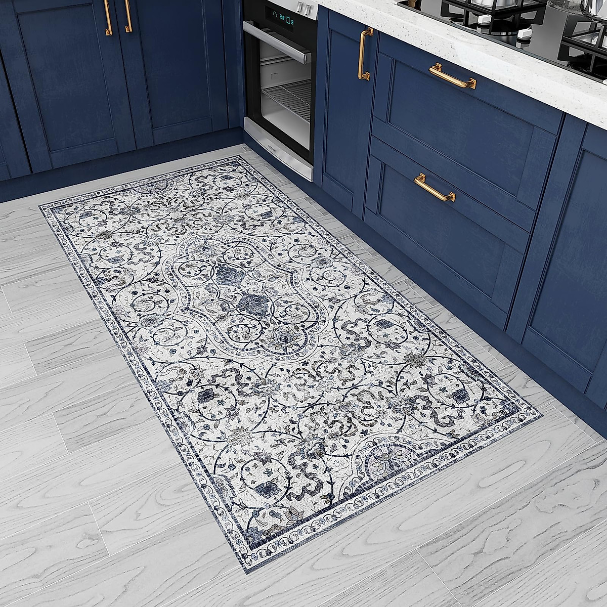 SALLOUS Vinyl Mat, 2x8ft Runner Rug for Hallway, Non-Slip Waterproof Area Rug for Living Room, Washable Floor Mat for Kitchen, Bathroom, Entryway (Grayish Blue Bohemian-Style)