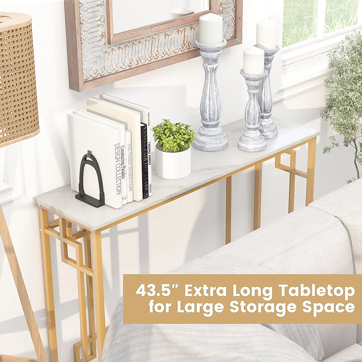 Giantex 43.5-Inch Console Tables for Entryway - Foyer Table with Adjustable Foot Pads, Golden Metal Frame, Faux Marble Top, Modern Long Sofa Table, Narrow Hallway Table for Living Room, Entry Table