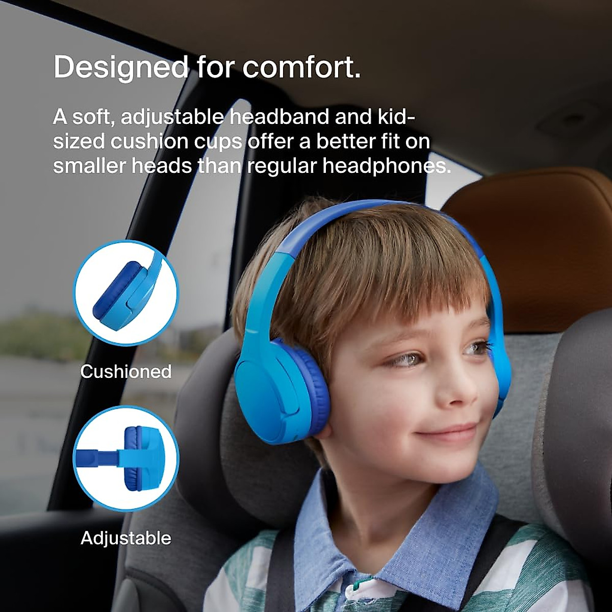 Belkin SoundForm Mini - Wireless Bluetooth Headphones for Kids with 30H Battery Life, 85dB Safe Volume Limit, Built-in Microphone - Kids On-Ear Earphones for iPhone, iPad, & More - Blue w/ Case