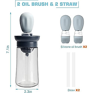 WOBILOO Glass Olive Oil Dispenser Bottle With Silicone Brush 2 In 1, Silicone Dropper Measuring Oil Dispenser Bottle for Kitchen Cooking, Frying, Baking, BBQ Pancake, Air Fryer (2 Oil Brush & 2 Straw) (BLUE)