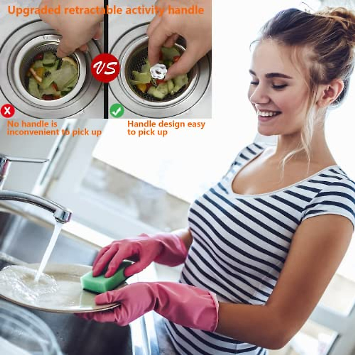 New Kitchen Sink Strainer, 2 Pack Stainless Steel Sink Drain Strainer with Upgraded Telescoping Handle Rubber Stopper, Stainless Steel Universal Anti-clog Kitchen Sink Strainer Sieve Basket Strainer