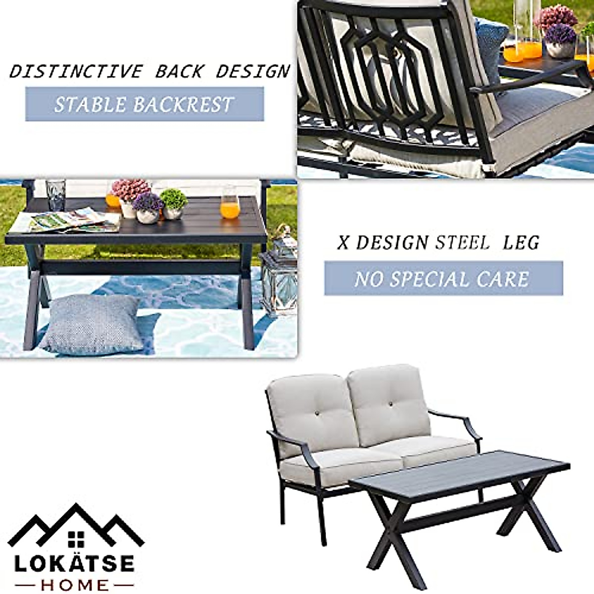LOKATSE HOME Outdoor Loveseat and Coffee Table Metal Conversation Set Patio Furniture with Cushions for Poolside Backyard Lawn, Beige