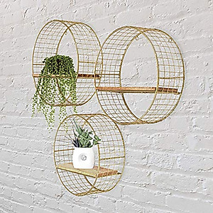 kimisty Set of 3 Gold Round Floating Shelves, Circular Wall Shelves as Boho Bathroom, Living Room, Kitchen & Bedroom Decor, Metal Wire Mesh Sconce Shelf, Circle Accent Display