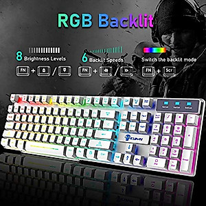 KUIYING Gaming Keyboard and Mouse Combo,RGB Rainbow Backlit Keyboard with PC Wired Keyboard+2400DPI 6 Buttons Rainbow LED Gaming Mouse+Mouse Pads for PC PS4 (White), 20.9 x 6.1 x 2.1