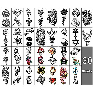 46 Sheets Full Arm Temporary Tattoo Waterproof For Men(L22.8“xW7”), Fake Tattoos for Women Lion Tiger Clock Flower Skeleton Animals Design, Hand Forearm Shoulder 3D Temporary Tattoos Stickers