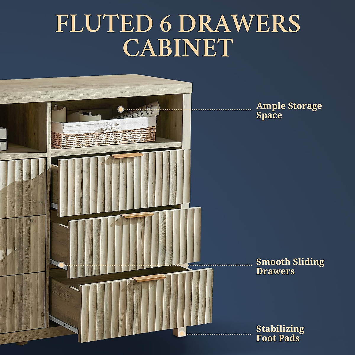 OAKHAM HOME Oxford Fluted 6 Drawer Dresser for Bedroom, Wide Modern Wooden Chest of Drawers with 2 Shelves, TV Stand of Drawers, Wood Drawer Organizer, 46.5" W x 37" H x 15.4" D (Sunwashed Ash Oak)