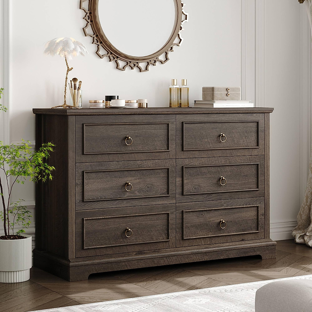 HOSTACK 6 Drawer Double Dresser, Modern Farmhouse Chest of Drawers, Wide Dressers Organizer, Accent Wood Storage Cabinet for Living Room, Hallway, Dark Brown