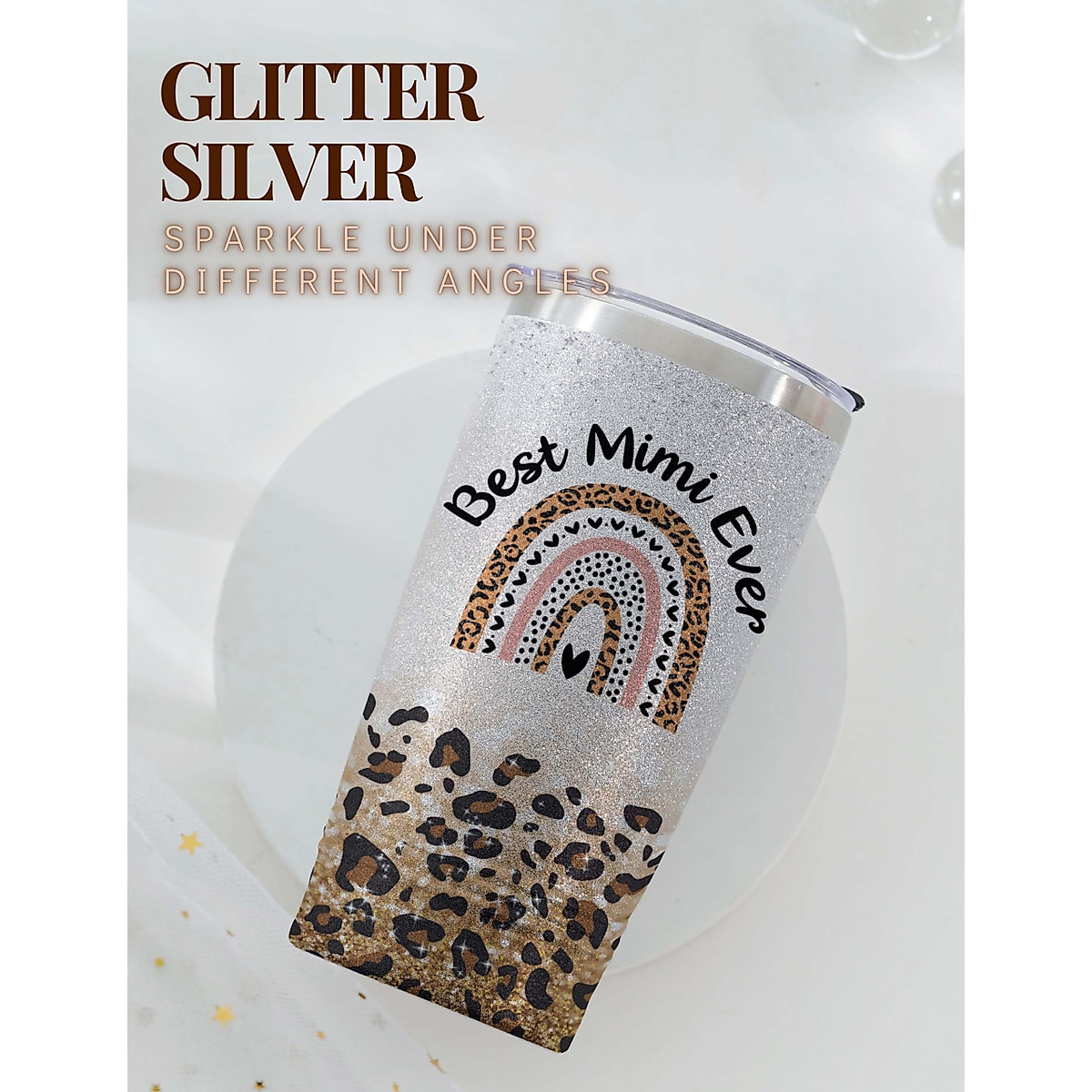 Onebttl Mimi Gifts from Granddaughter, Grandson, Insulated Stainless Steel Wine Tumbler with Lid and Straw, for Grandma on Mother's Day, Birthday, Christmas, Best Mim Ever, Glitter Silver, 20 oz