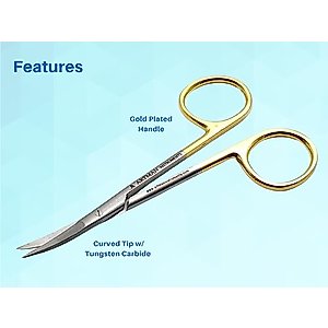 Scissors 4.5 inches Curved with Tungsten Carbide Inserts| Gold Plated Handle Extra Sharp and Durable by ARTMAN INSTRUMENTS