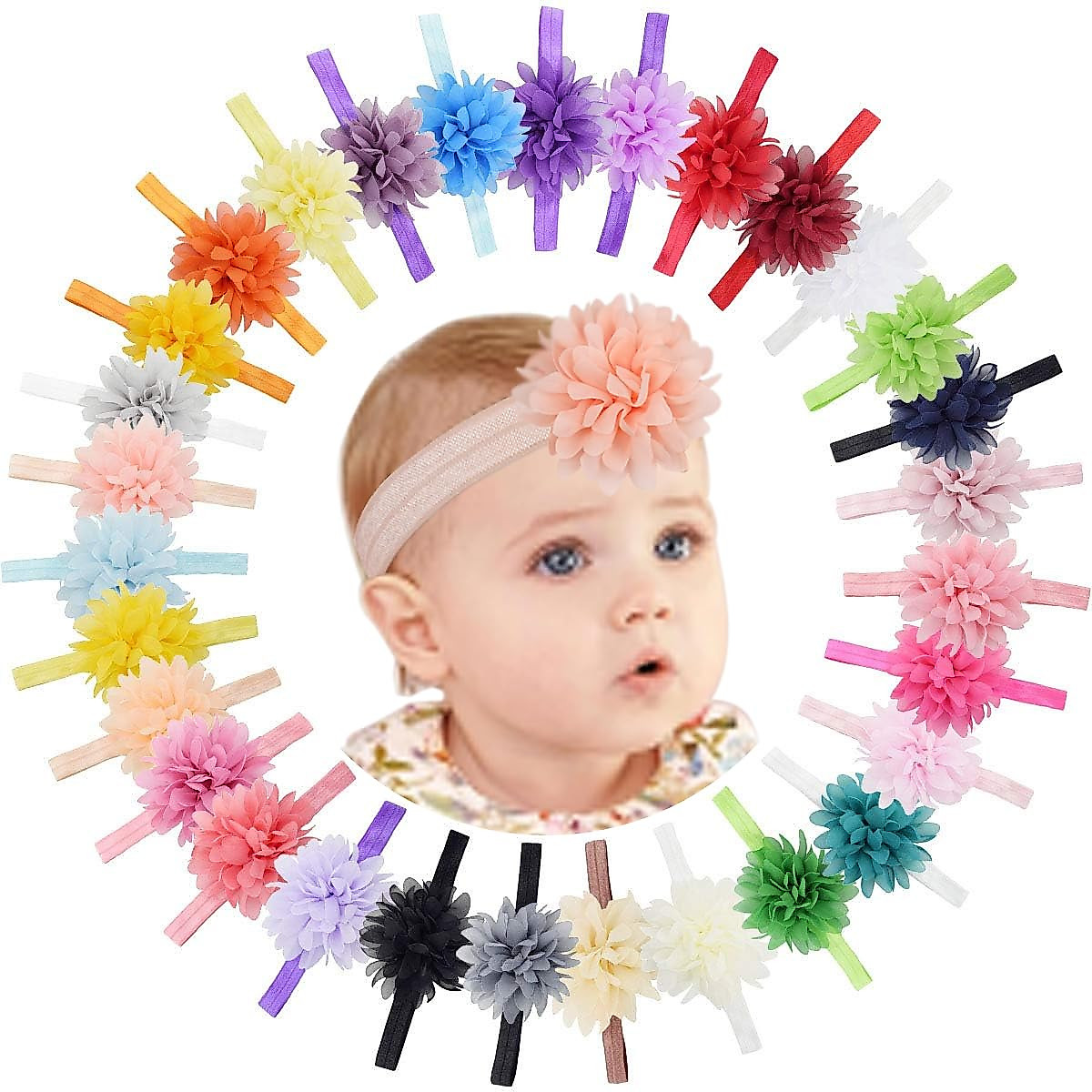 DED 30PCS Girls Headbands Chiffon Flower Bows Soft Strecth Bands Hair Accessories for Newborns Infants Toddlers and Kids