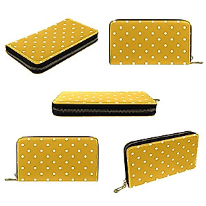 Wallet Leather Mustard Yellow White Polka Dot Leather Zip Long Purse