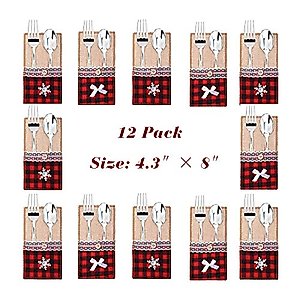 Vanteriam Natural Burlap Cutlery Holder Pouch Bags with Lace Trim, Knife and Fork Silverware Hold Bag, Christmas Utensil Holder Table Decoration for Christmas and Wedding Party 12 Pack
