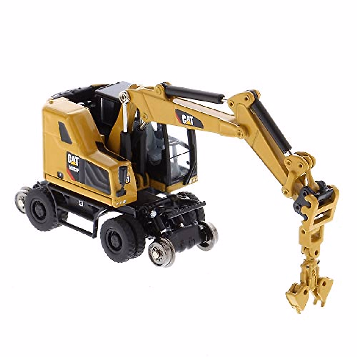 1:87 Caterpillar M323F Railroad Wheeled Excavator - Cat Yellow Version - (HO) High Line Series Model by Diecast Masters - 85656 - with Bucket, Ballast Tamper, and Rail Clamshell Bucket Attachments