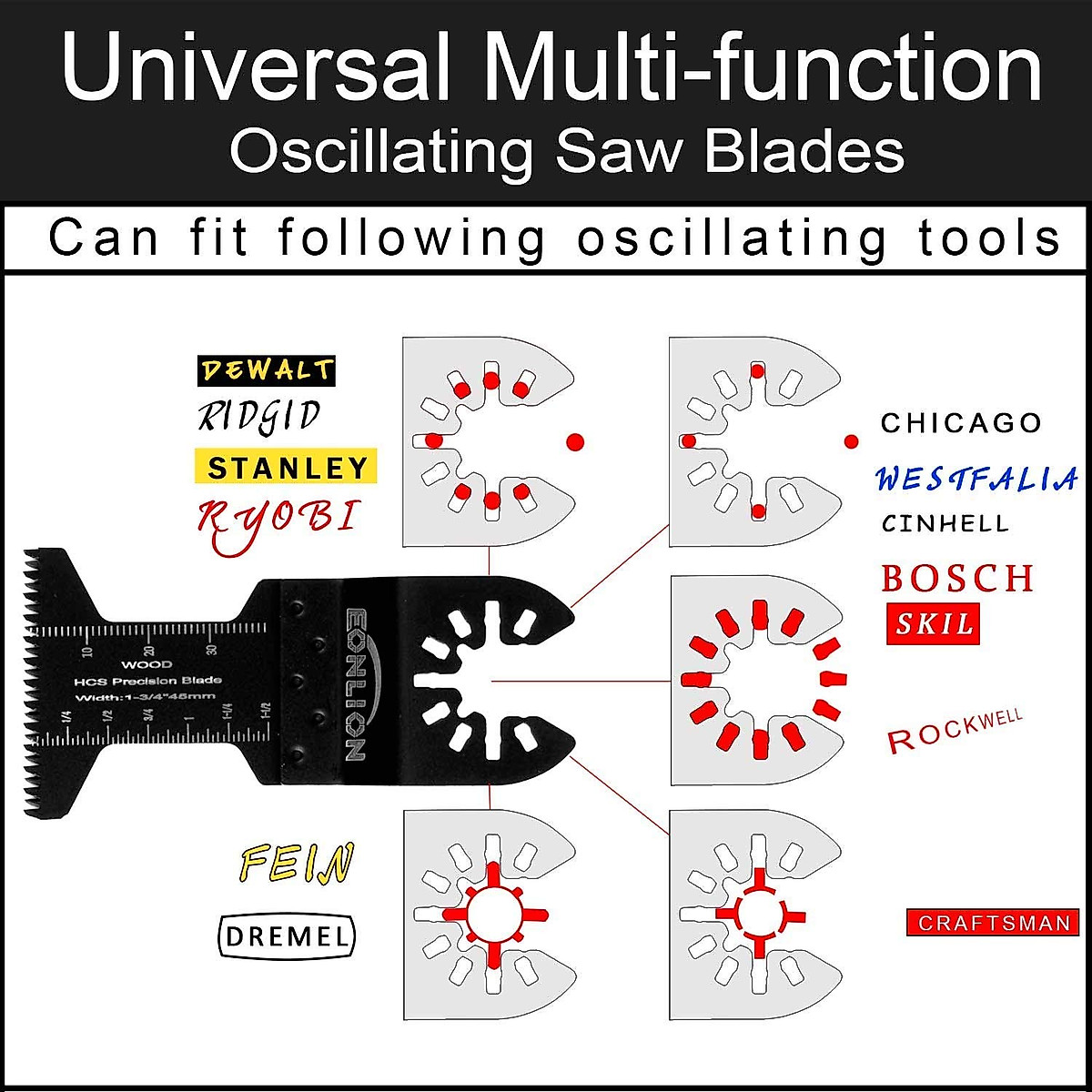 EONLION 50Pcs Metal Wood Oscillating Multitool Quick Release Saw Blades Kit Compatible with Fein Multimaster Porter Cable Black, Decker Bosch Dremel Craftsman Ridgid Ryobi Milwaukee Dewalt Rockwell