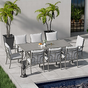 HAPPATIO 9-Piece Patio Outdoor Dining Set - All Aluminum Patio Table and Chairs Set for 8 Includes 1 Rectangular Dining Table and 8 Dining Chairs with Cushions, Patio Dining Set for Lawn, Garden