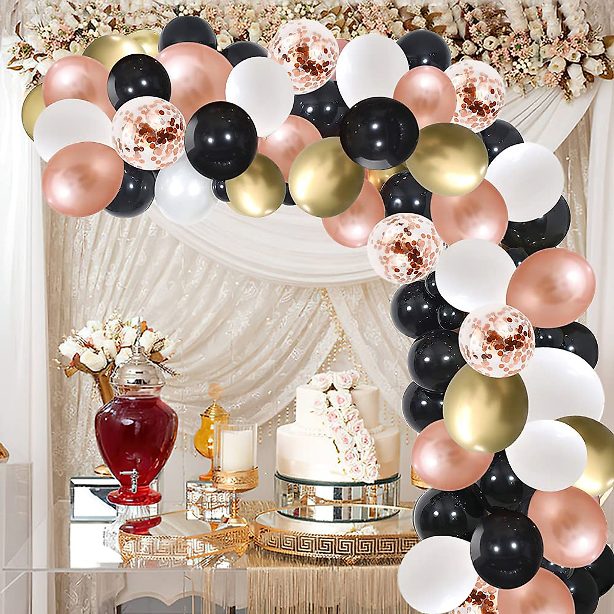 KBZVNAF Rose Gold Black Balloons Garland Kit - 120 Pack Black White Metallic Gold and Rose Gold Confetti Latex Balloons Garland for Wedding Birthday Bridal Shower Anniversary Party Decorations