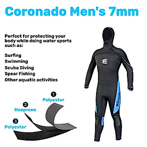 H2odyssey Coronado Mens Hooded Wet Suit - 7mm Neoprene Mens Suit for Scuba Diving - Front Zip Wetsuit for Men