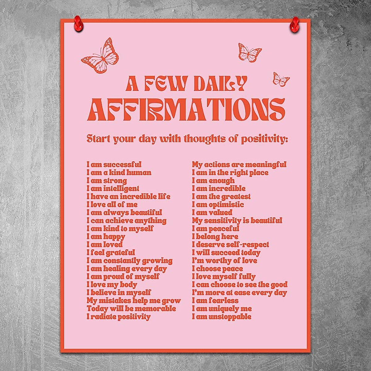 Lianxiaw Daily Affirmations Pink posters for room aesthetic，Trendy prints positive wall deco Vintage red butterfly poster.（12x16in Unframed）