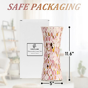 Mosaic Glass Flower Vase Large Size Handmade Glass Glass Vases Plant Pots Ceramic Vase for Living Room Decorations, Home Decor, Office, Wedding,Pink-Gold Oval,5 X 11.6 Inch