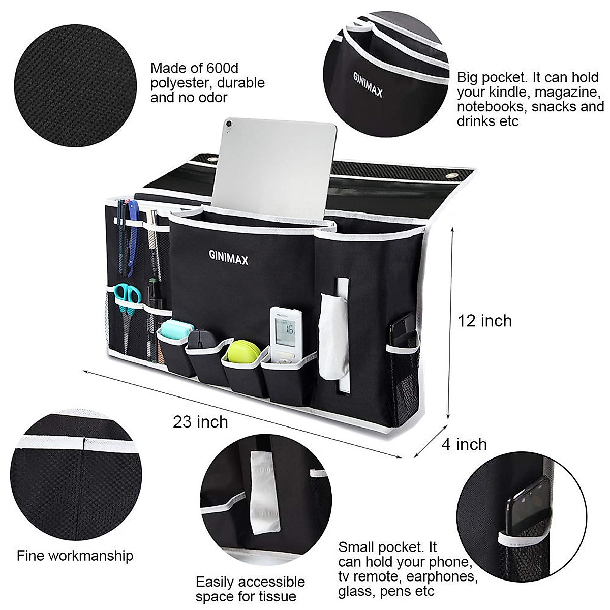 GINIMAX Bedside Caddy - Dorm Room Essentials | Large Size 23"x12" | Under Couch Mattress | Bedside Storage Organizer for TV Remote Control, Mobile Phones, Magazines, Laptops, Glasses