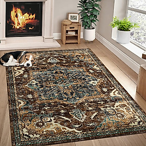 LUXLOOM Washable Rugs 9x12 Rug for Bedroom Vintage Living Room Rugs Bohemian Medallion Rug Boho Large Area Rug Non Slip Throw Rugs Stain Resistant Carpet for Office Dining Room 9'x12' Brown/Green