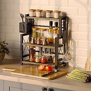 Rolanstar Spice Rack Organizer with Wire Basket, 3-Tier Kitchen Shelf, Wooden Spice Organizer with 2 Hooks, Countertop Bathroom Storage Shelf, Seasoning Rack, Grey